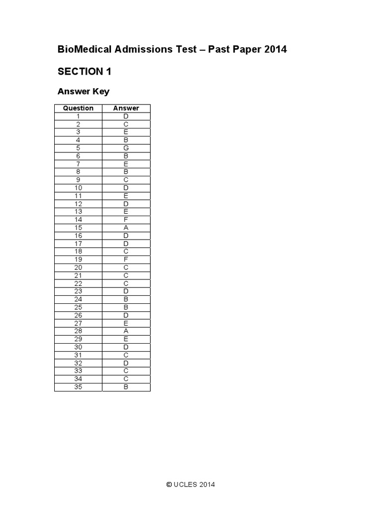 Specimen Bmat 2014 Section 1 Answer Key | PDF