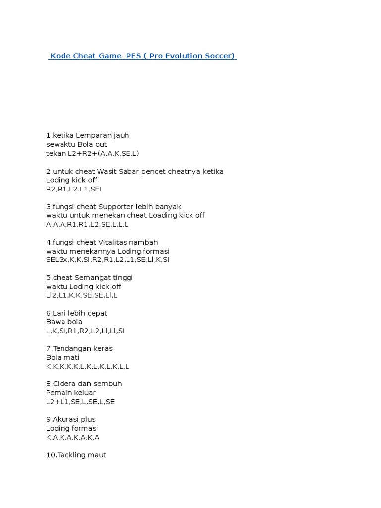 PES (Pro Evolution Soccer) Game Cheats | PDF