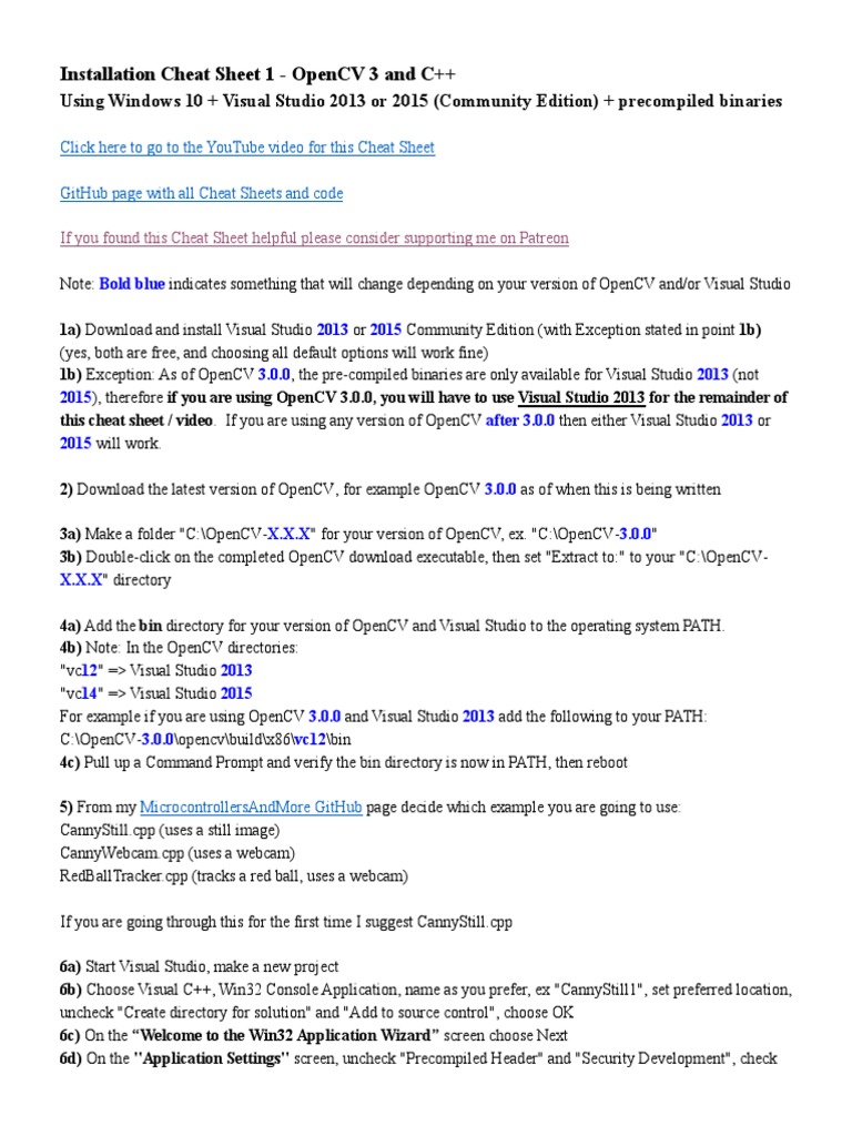 Installation Cheat Sheet 1 - OpenCV 3 and C++ | PDF | Microsoft Visual ...