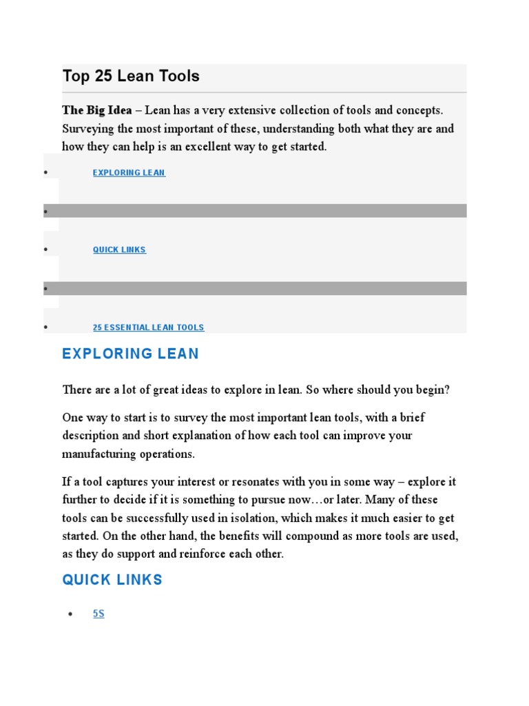 Top 25 Lean Tools | PDF | Lean Manufacturing | Performance Indicator