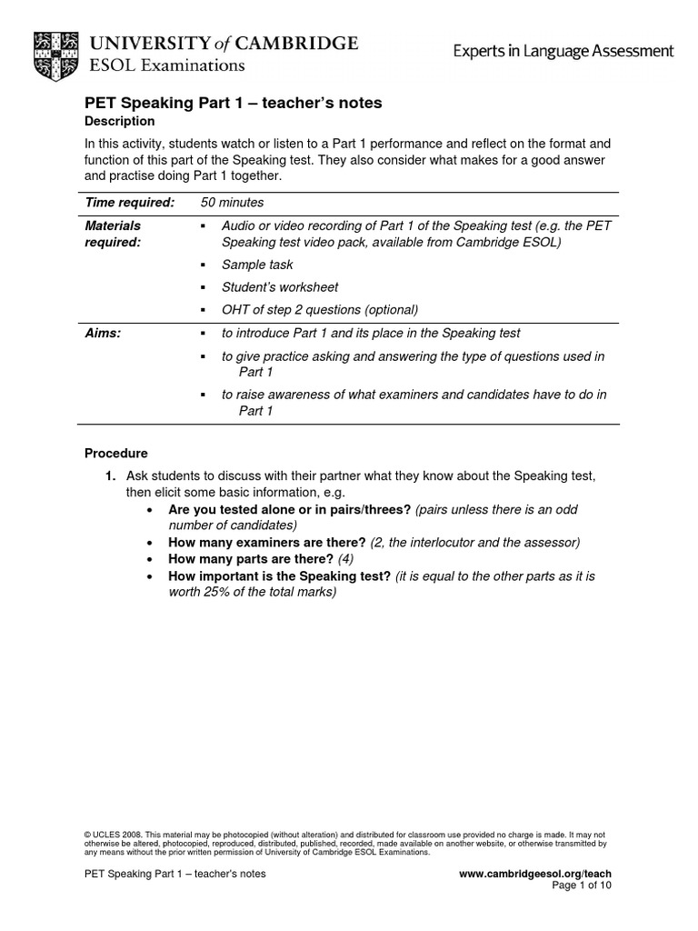 PET Speaking Part 1 PDF | PDF | English As A Second Or Foreign Language ...