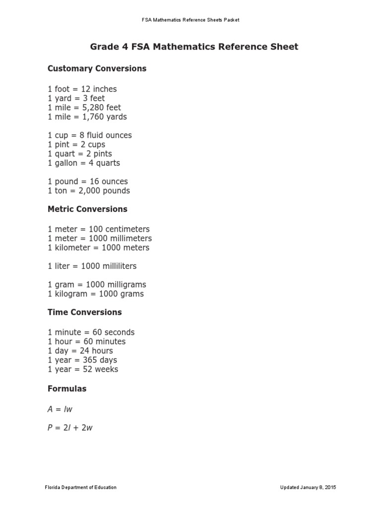 Grade 4 FSA Mathematics Reference Sheet: Customary Conversions | PDF