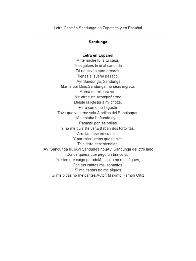 Letra de la Canción Sandunga | PDF | Idiomas | Artes del Lenguaje y ...