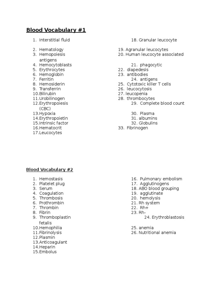 Blood Vocabulary Combined | PDF