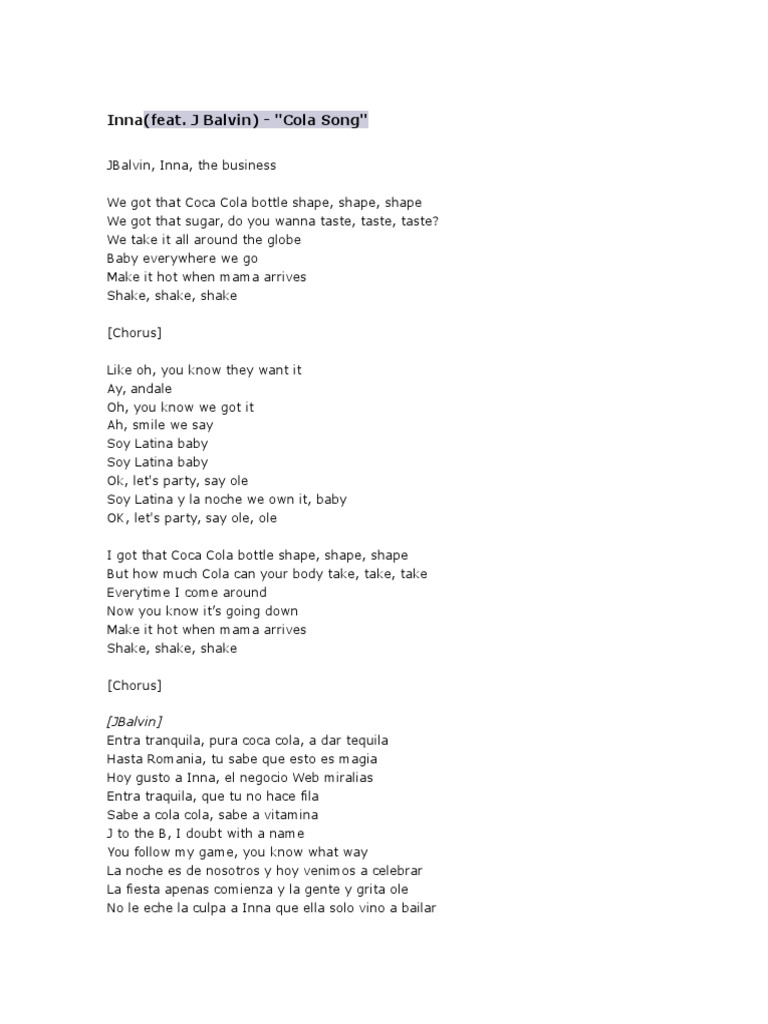 Inna & J Balvin - Cola Song Lyrics | PDF