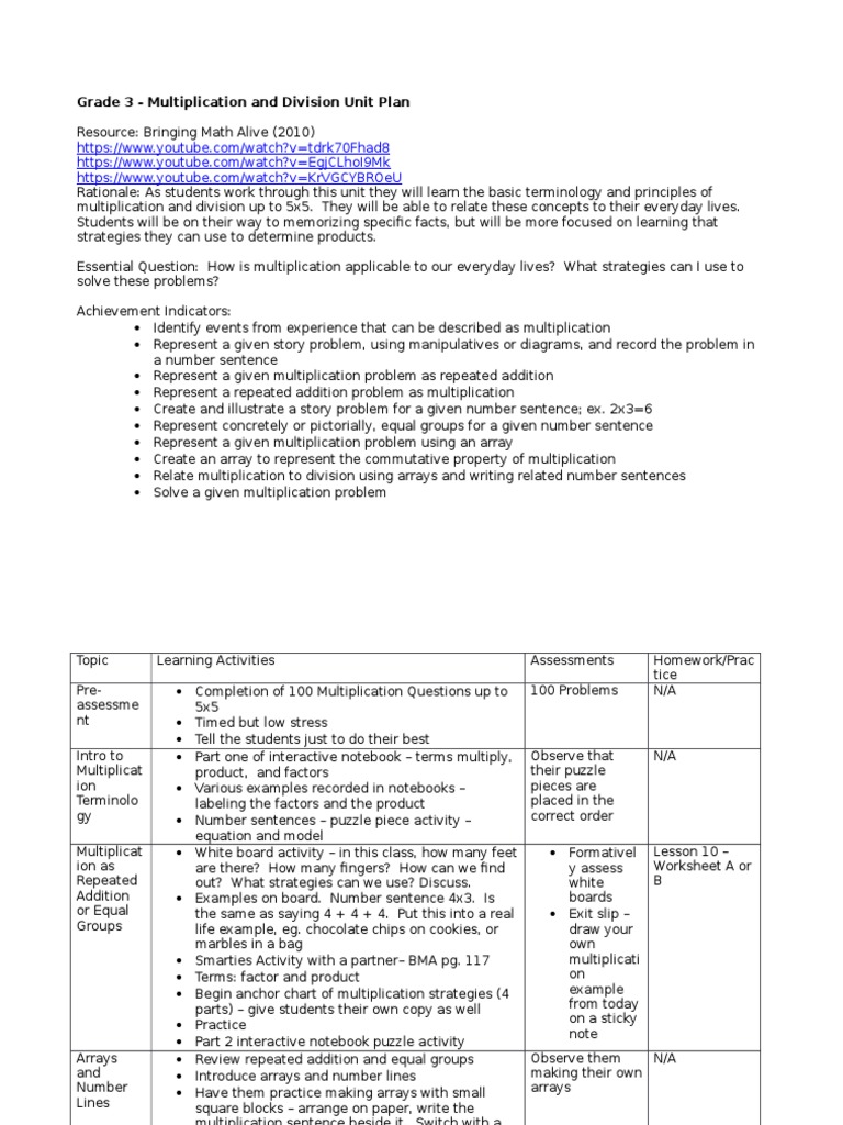 Grade 3 Multiplication & Division Plan | PDF | Multiplication ...