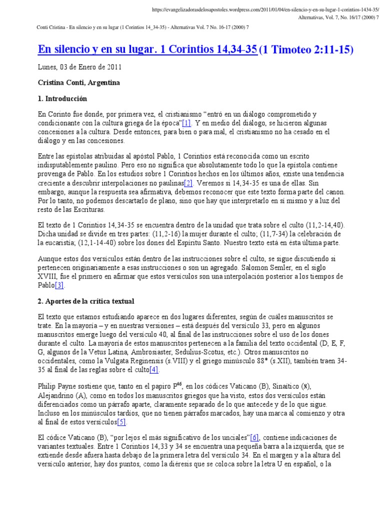 Conti Cristina - en Silencio y en Su Lugar (1 Corintios 14-34-35) - Alternativas Vol 7 No 16-17 ...