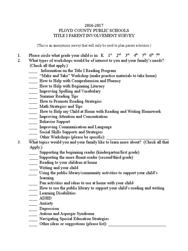 Parent Involvement Survey | PDF | Reading (Process) | Literacy