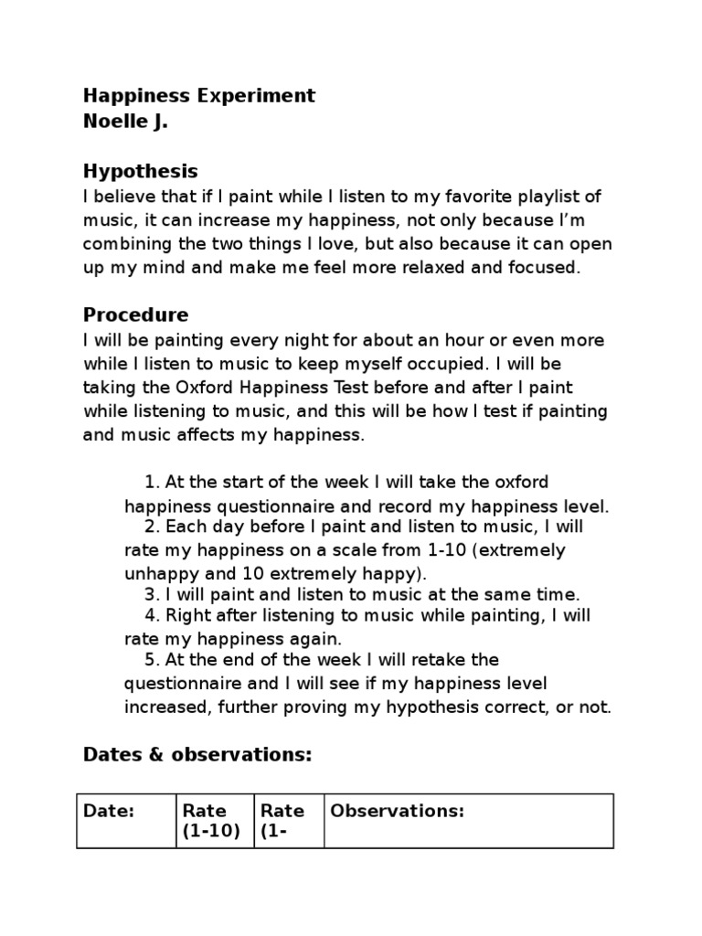 Happiness Experiment Noelle J. Hypothesis: Date: Rate (1-10) Rate (1 ...