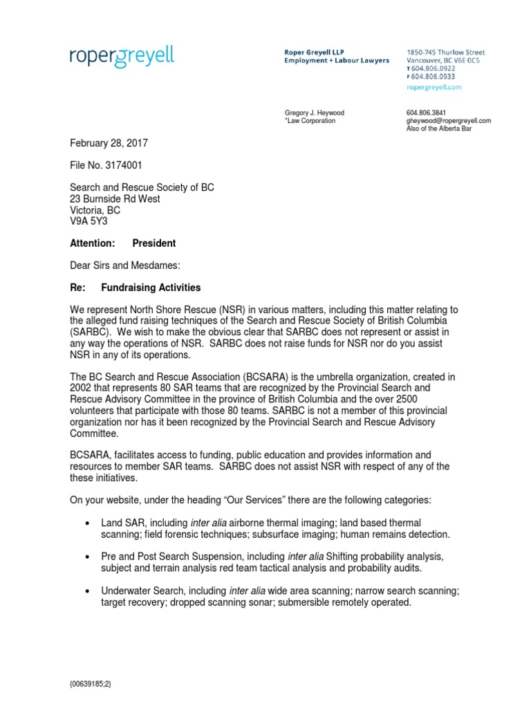 A Letter To Search and Rescue Society of BC From North Shore Rescue ...