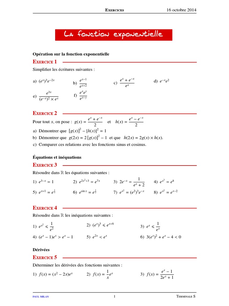05 Exos Fonction Exponentielle | Courbe | Tangente (géométrie)