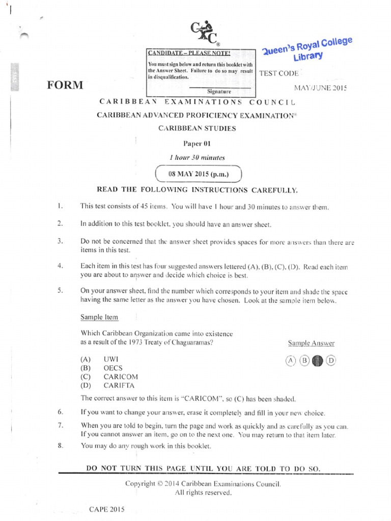 CAPE - Caribbean Studies - Paper 01 - 2015 PDF | PDF