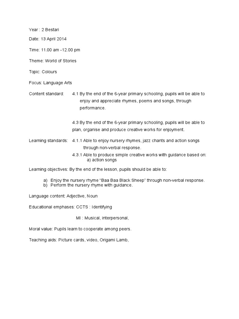 Baa Baa Black Sheep | PDF | Lesson Plan | Sheep