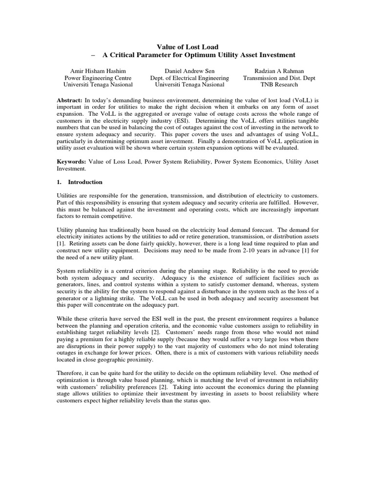 Value of Lost Load | PDF | Reliability Engineering | Risk