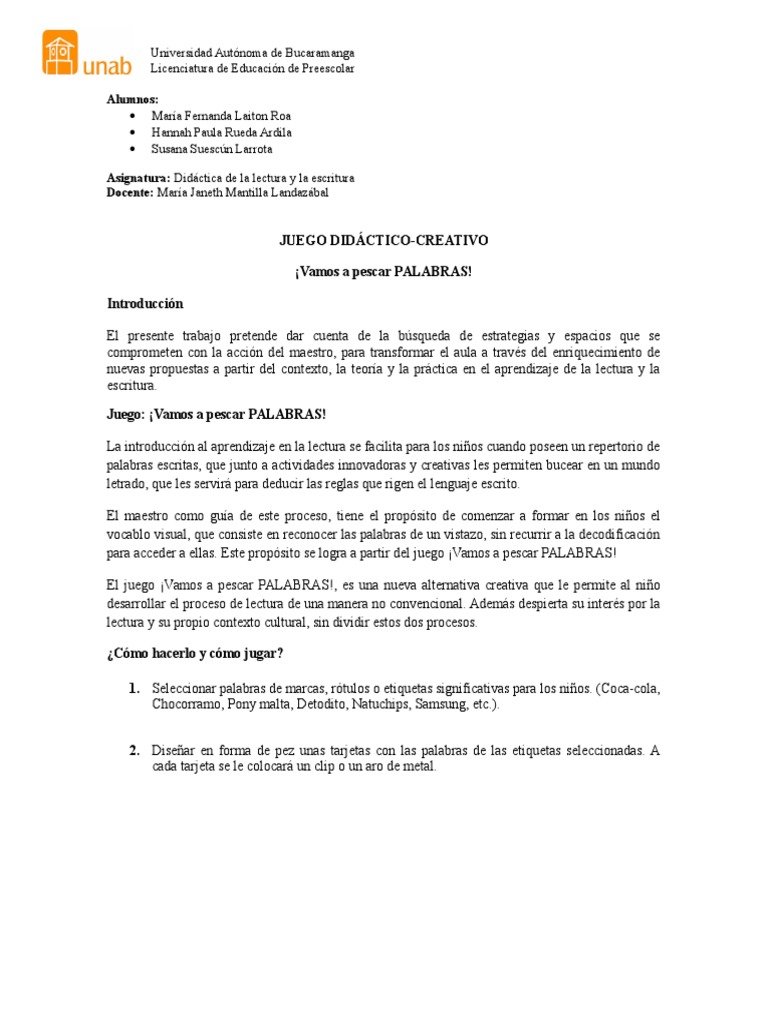 Juego - ¡Vamos A Pescar PALABRAS! | PDF | Palabra | Jardín de infancia