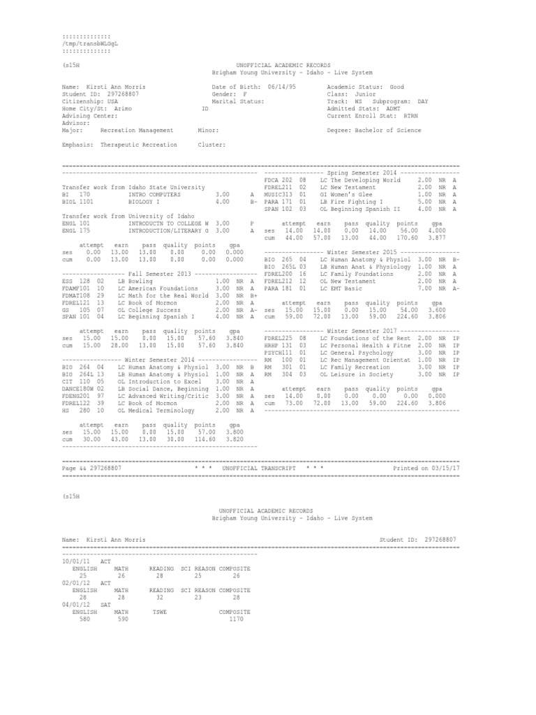 Byui Transcript | PDF