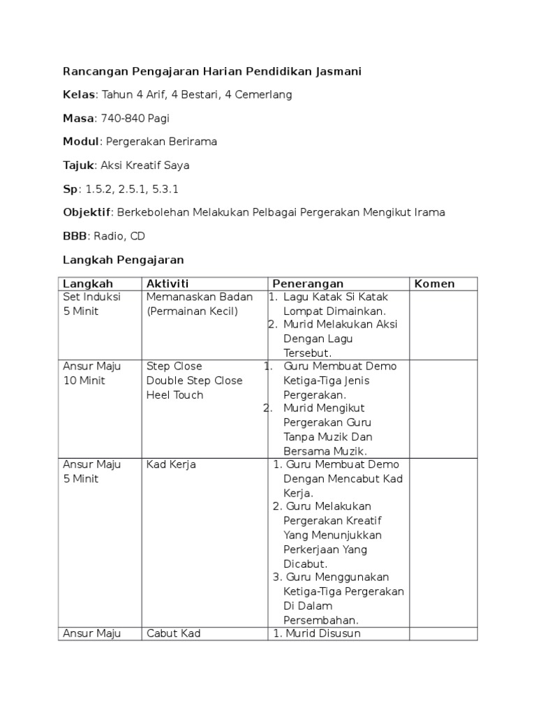 RPH PJ Tahun 4 Pergerakan Kreatif | PDF