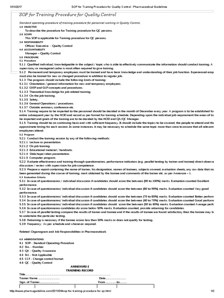 SOP For Training Procedure For Quality Control - Pharmaceutical ...