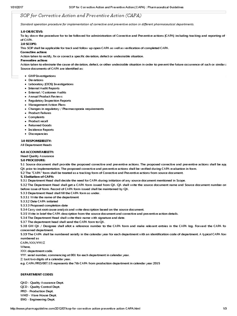 SOP For Corrective Action and Preventive Action (CAPA) - Pharmaceutical ...