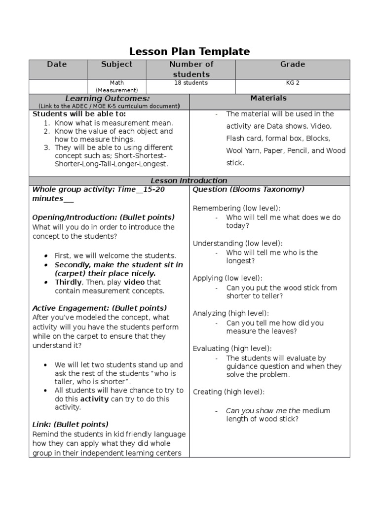 Lesson Plan - Measurement | PDF | Lesson Plan | Quality Of Life