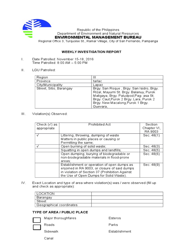 Environmental Management Bureau: Weekly Investigation Report | Download ...