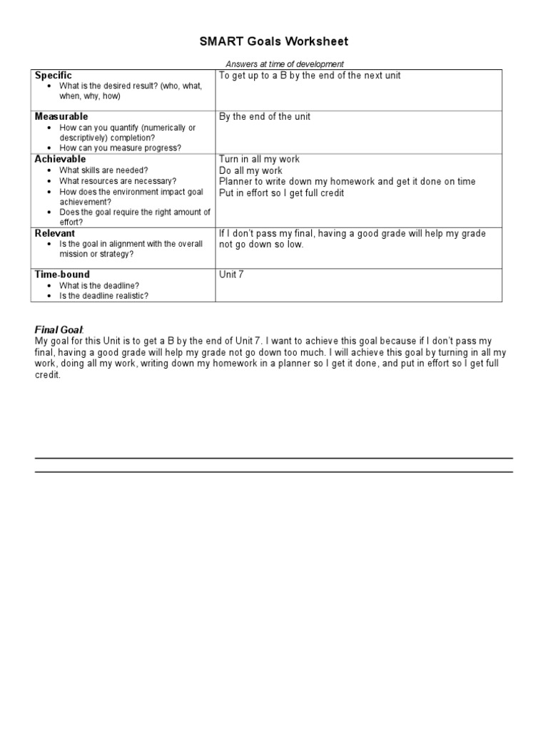 Smart Goals Worksheet | PDF