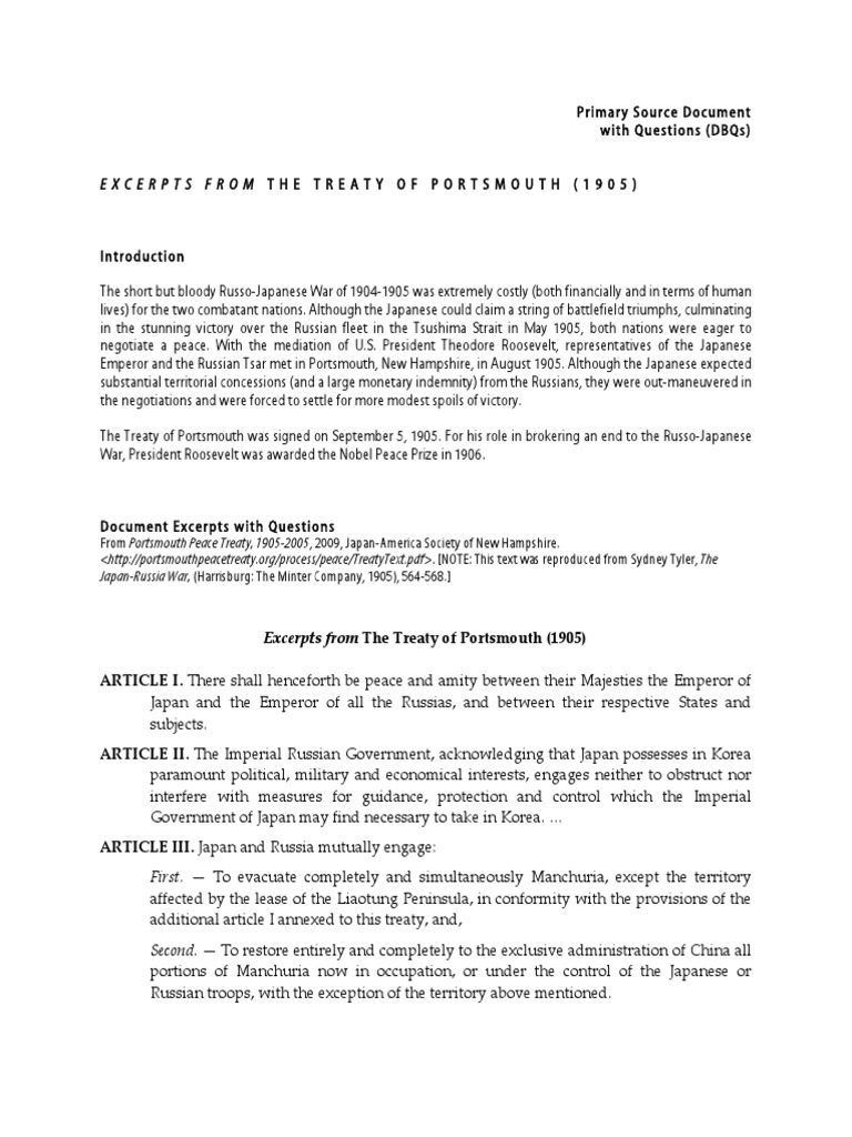 Excerpts From The Treaty of Portsmouth (1905) | Download Free PDF ...