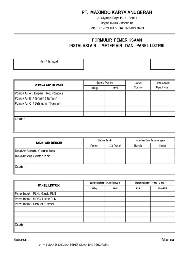 Form Pemeriksaan Harian Instalasi Air, Meter Air Dan Panel Listrik New ...
