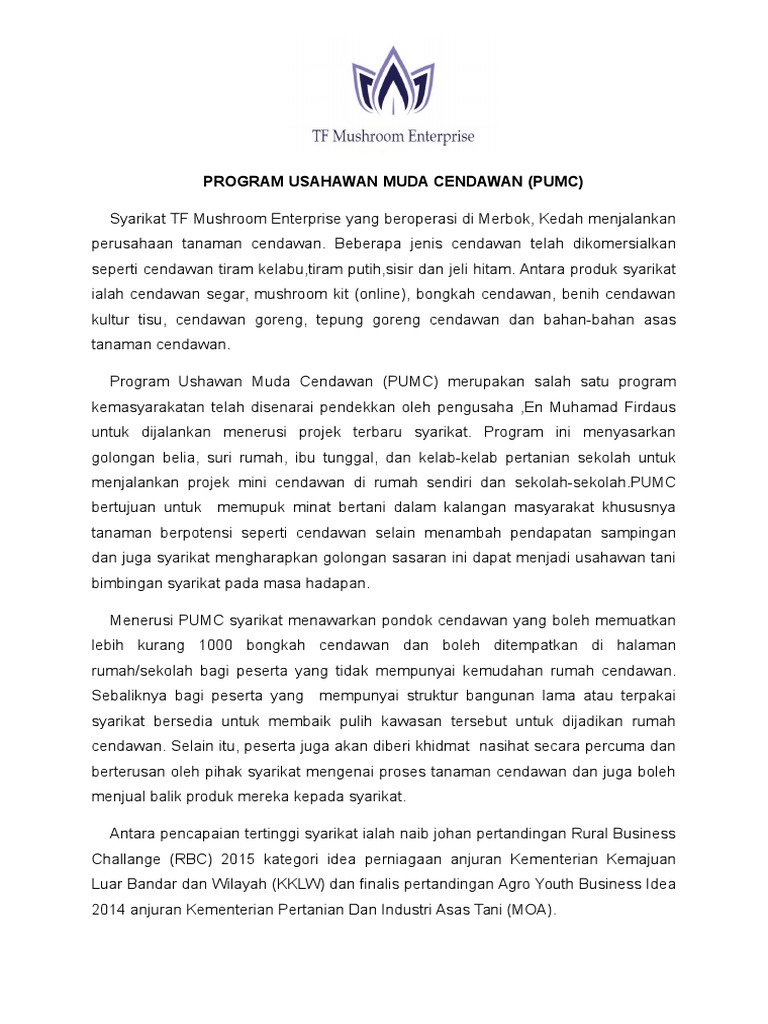 Program Usahawan Muda Cendawan (PUMC) | PDF