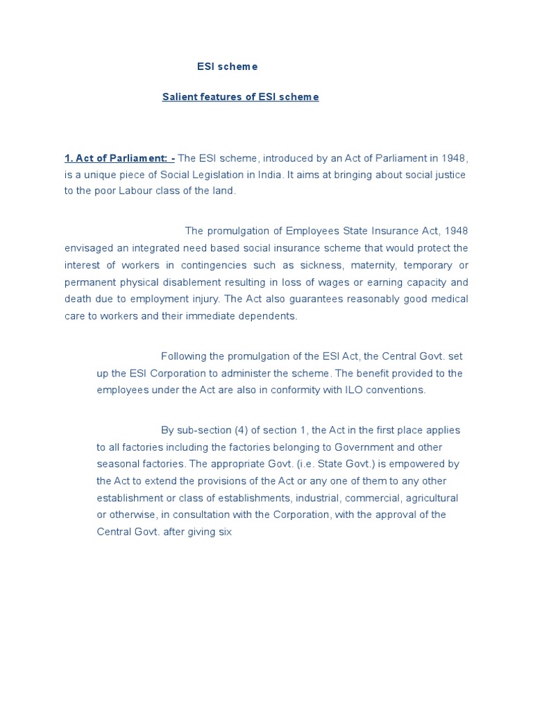 ESI Scheme Salient Features of ESI Scheme | PDF | Employee Benefits ...