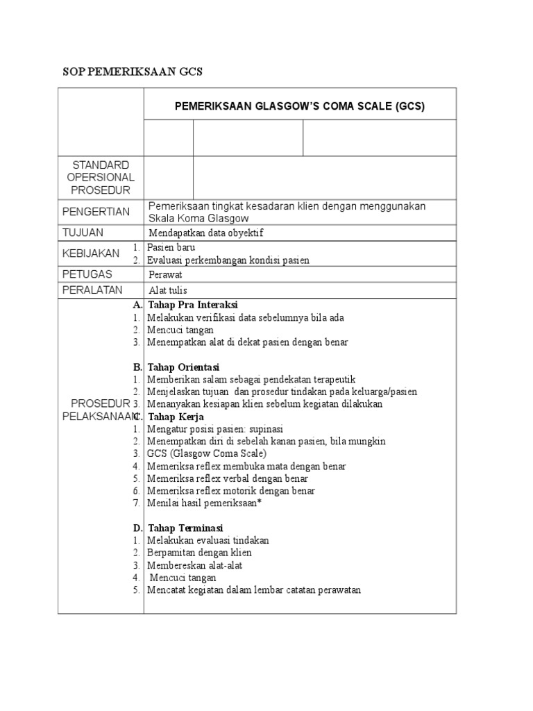 Sop Pemeriksaan Gcs | PDF | Kesehatan Holistik