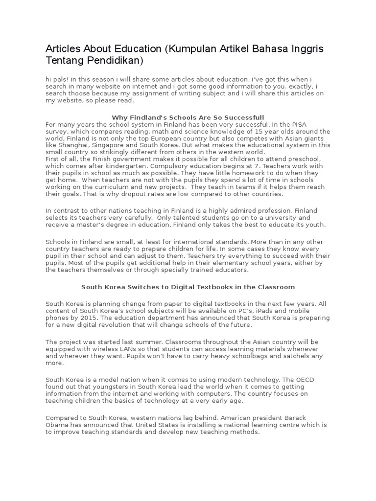 Articles About Education (Kumpulan Artikel Bahasa Inggris Tentang ...