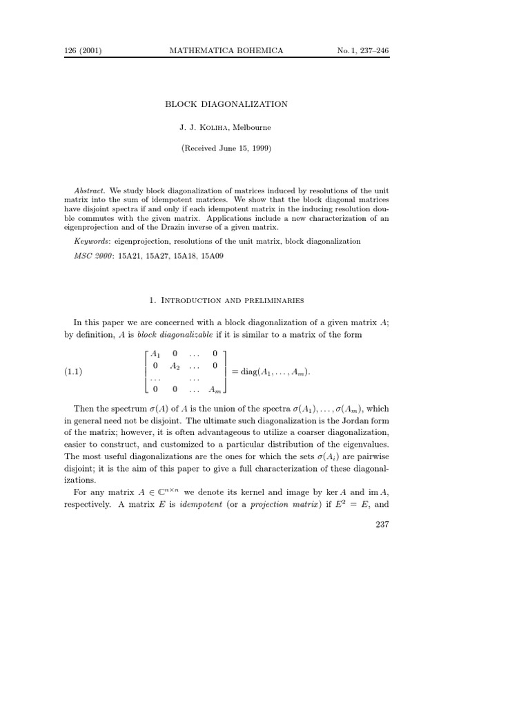 Block Diagonalization Pdf Matrix Mathematics Operator Theory