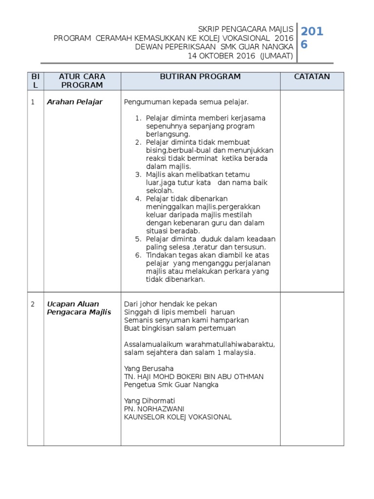 Skrip Pengacara Majlis Program Motivasi Tingkatan 5 2016 | PDF