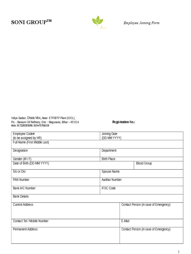 Soni Group: Employee Joining Form | PDF