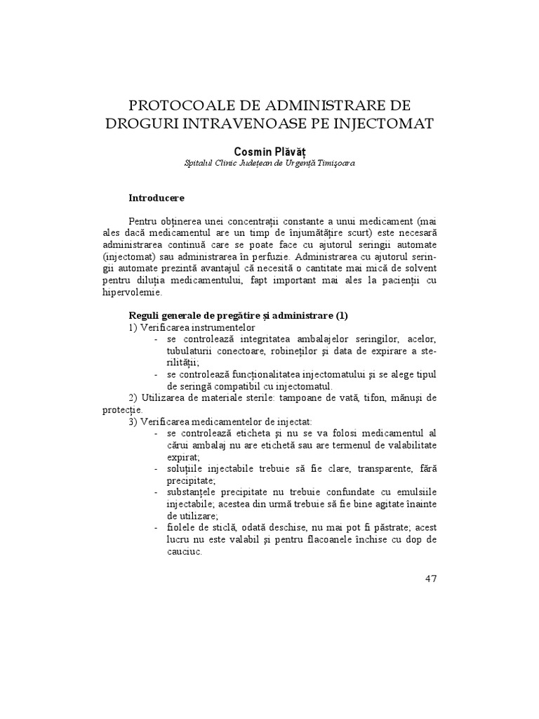 42 Protocoale de Administrare de Droguri Intravenoase Pe Injectomat PDF | PDF