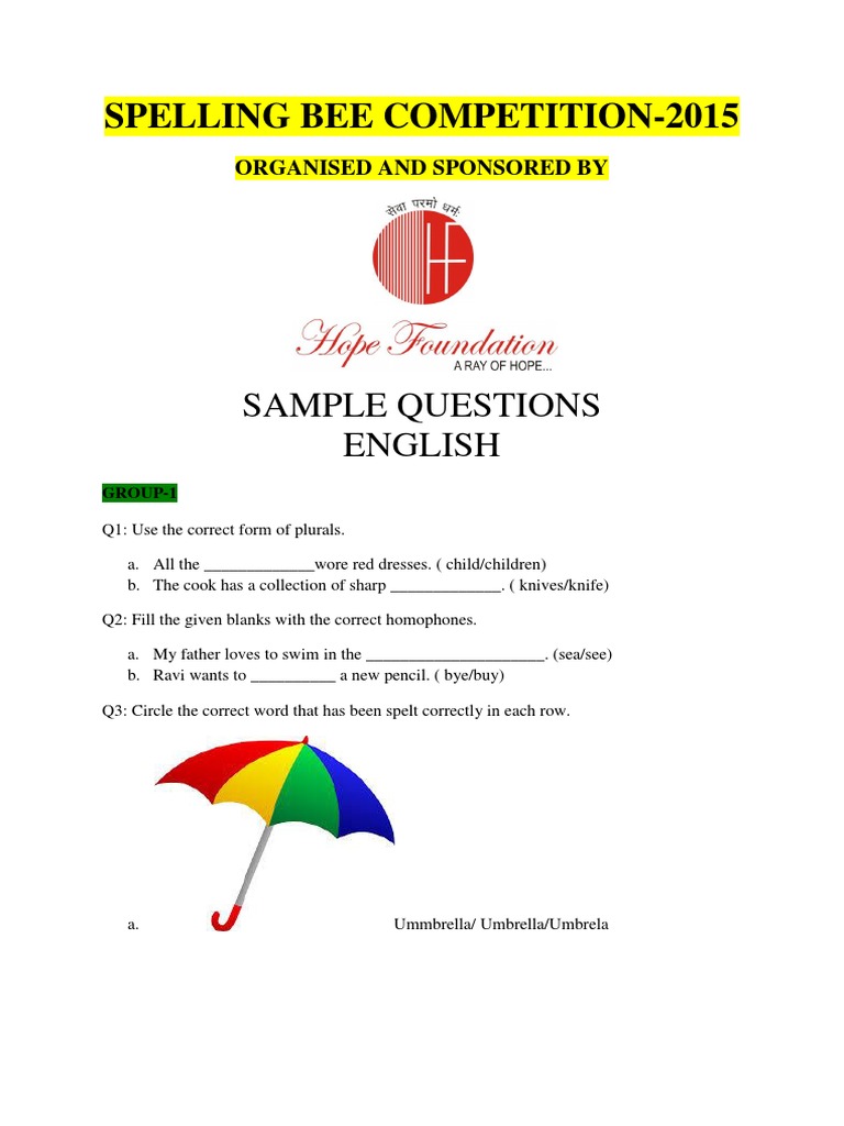 Spelling Bee Competition Questions: A Collection of Grammar, Vocabulary ...