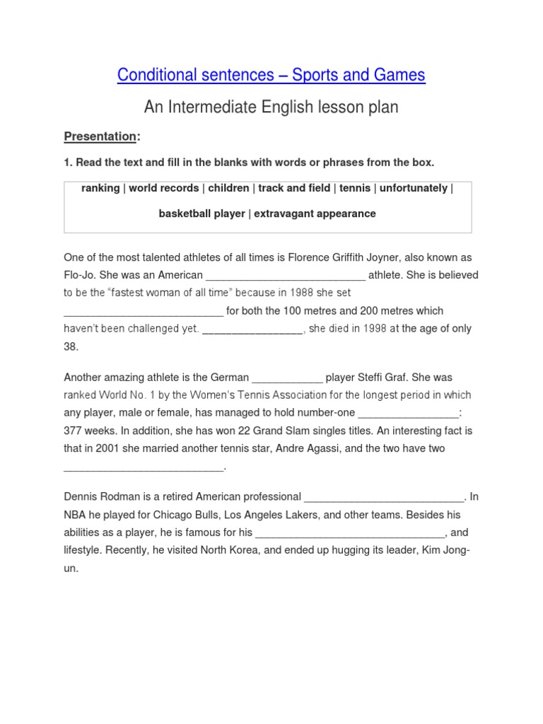 Conditional Sentences - 2nd and 3rd English Lesson Plan B1 - Sports and ...