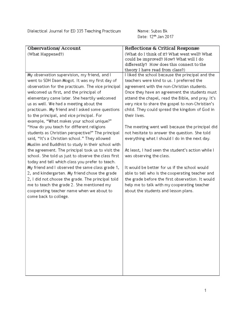 Dialectical Journal | PDF | Classroom | Teachers