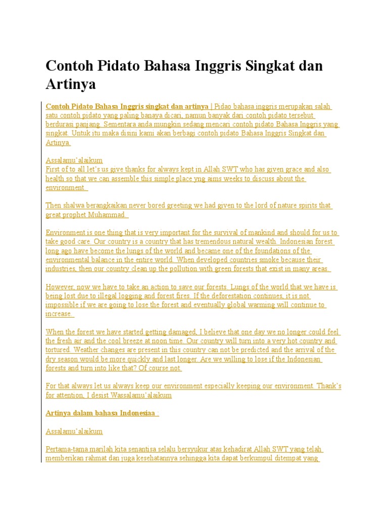 Contoh Pidato Bahasa Inggris Singkat Dan Artinya | PDF