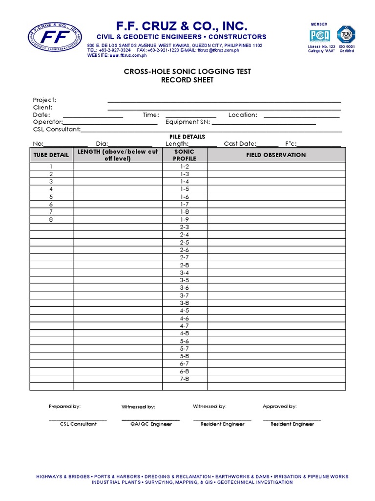 Record Sheet For Sonic Logging Test | Download Free PDF | Geotechnical ...