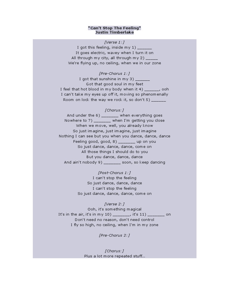 Justin Cant Stop The Feeling | PDF | Song Structure | Leisure