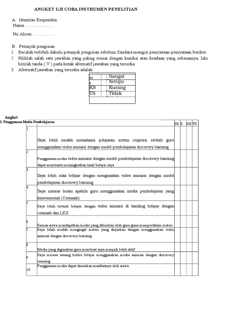 Angket Uji Coba Instrumen Penelitian | PDF