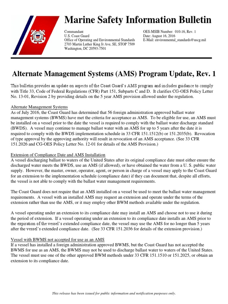Marine Safety Information Bulletin: Alternate Management Systems (AMS ...