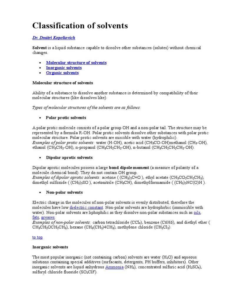 Classification of Solvents | Solvent | Chemical Polarity