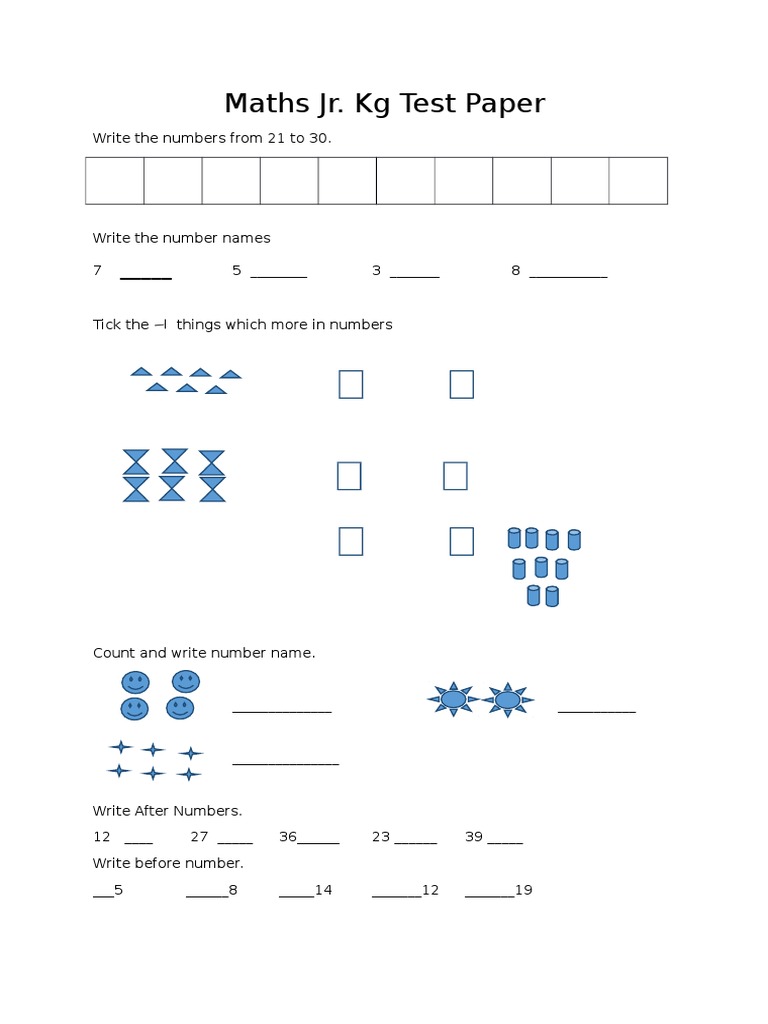 Maths Jr. KG Test Paper | PDF