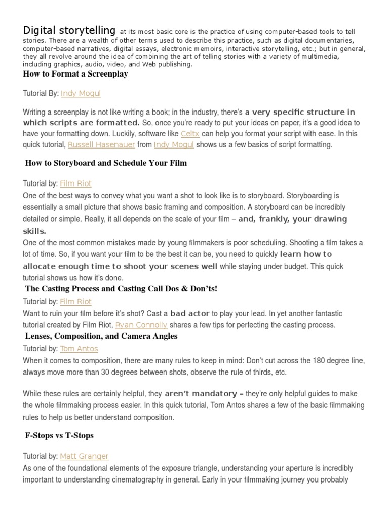 Digital Storytelling and Filmmaking Basics | PDF | Screenplay | Camera