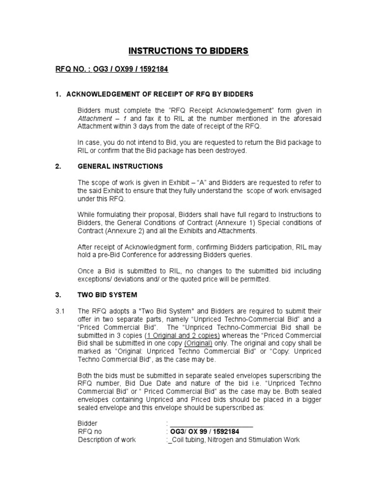 Instructions To Bidders: RFQ No.: OG3 / OX99 / 1592184 | PDF ...