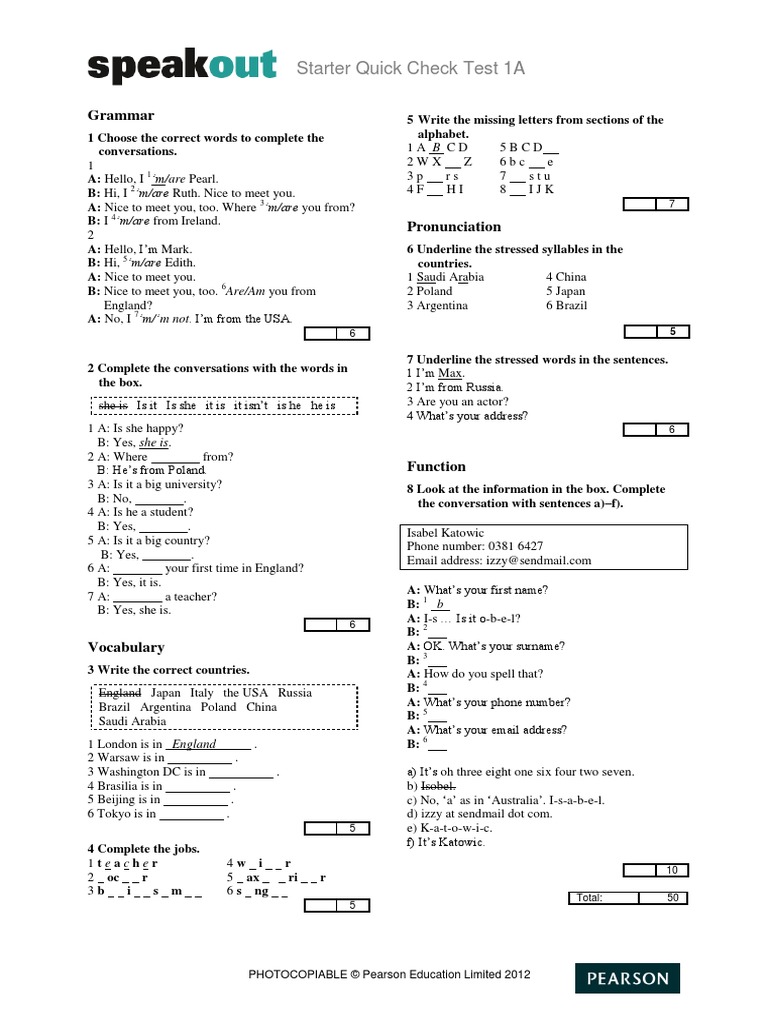Starter Quick Check Test 1A: Grammar | PDF | Linguistics | Semiotics
