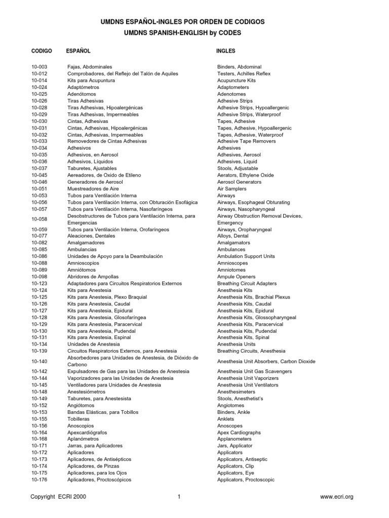 Codigos UMDNS Ecri.pdf | Medical Specialties | Clinical Medicine